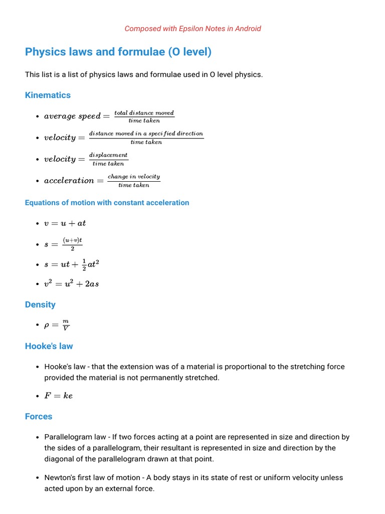 O Level Physics Laws and Formulas | PDF | Force | Acceleration