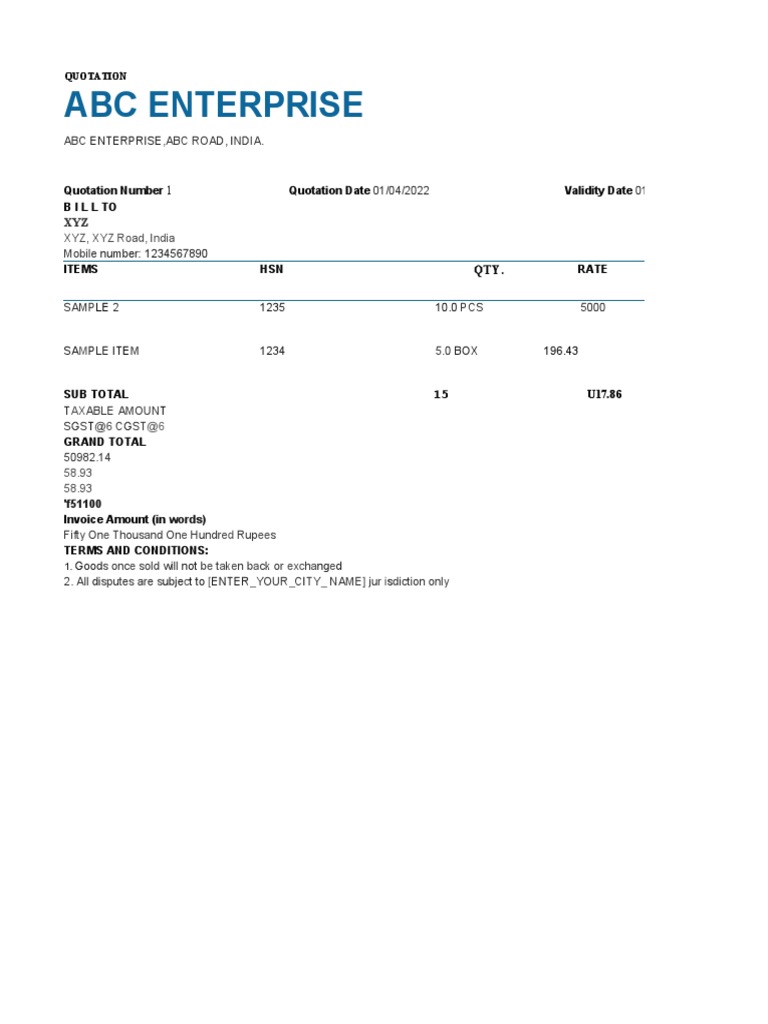 Quotation Format in Excel | PDF