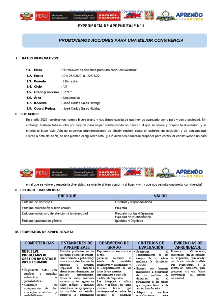 EXPERIENCIA DE APRENDIZAJE #1 5TO Grado - 2022 | PDF | Estadísticas | Número racional