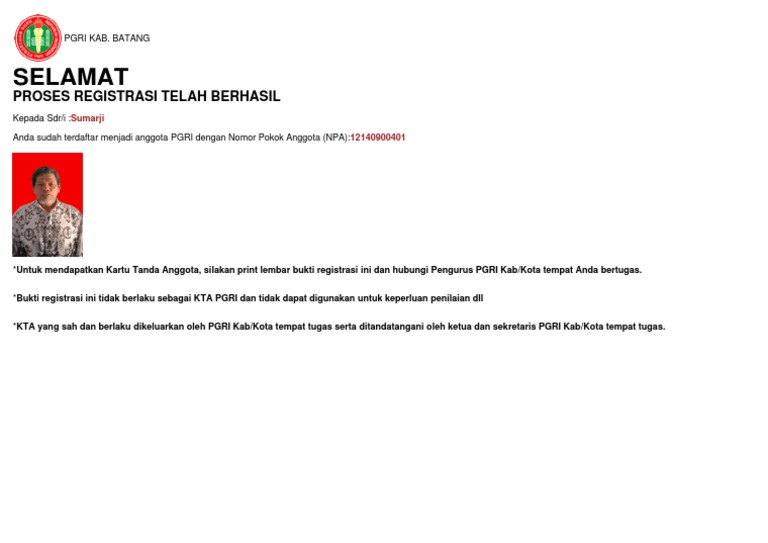 Registrasi Anggota PGRI 12140900401 Sumarji 2 PDF | PDF