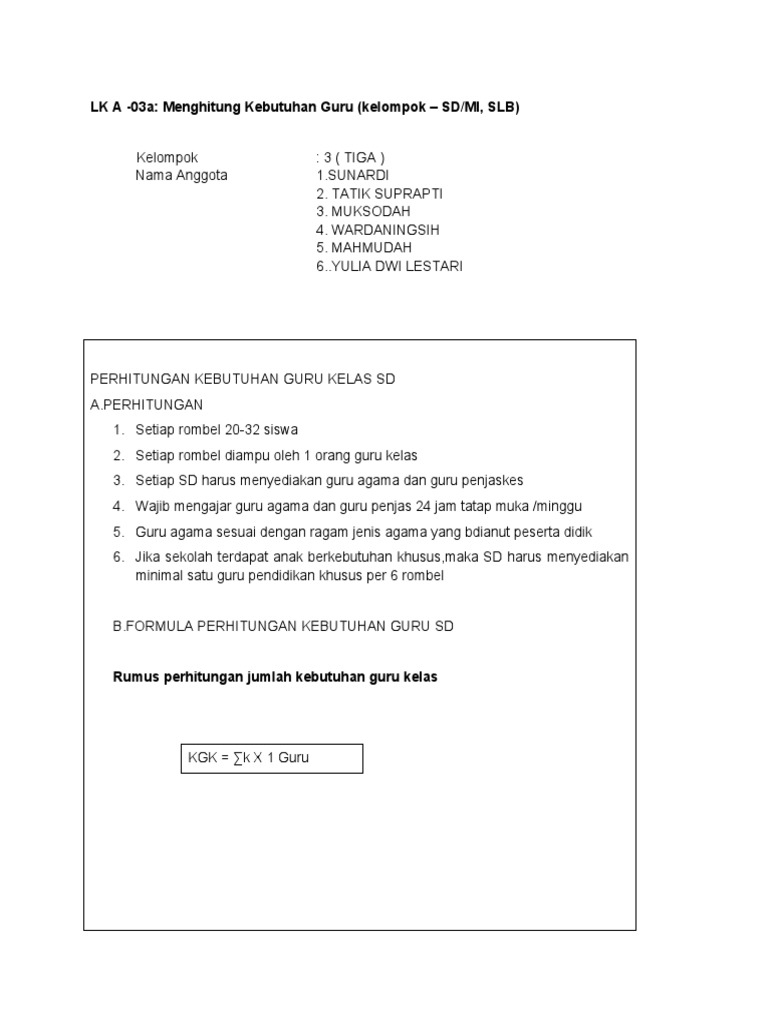 LK A - 03a: Menghitung Kebutuhan Guru (Kelompok - SD/MI, SLB) | PDF