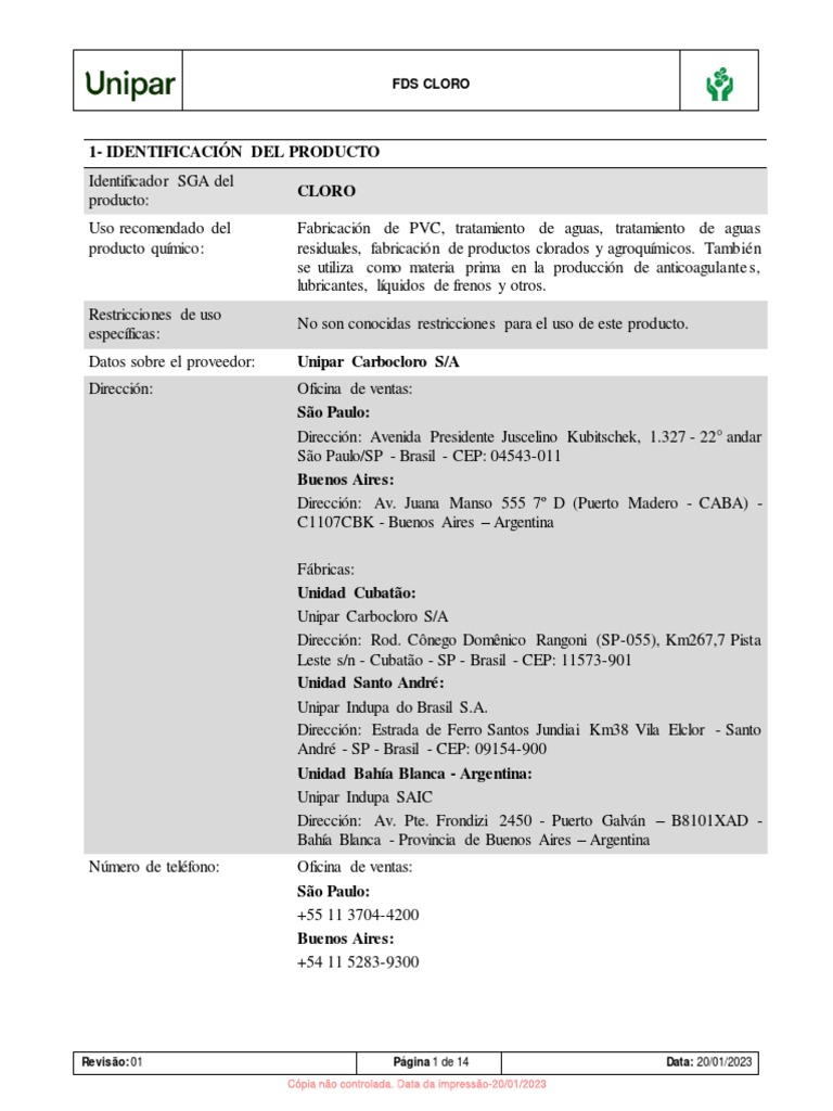 FDS Cloro PDF | PDF | Agua | Amoníaco