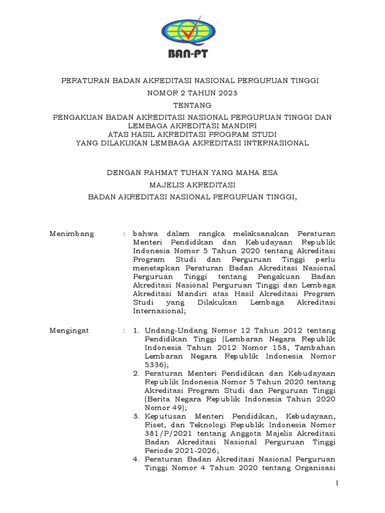 Peraturan BAN-PT 2 2023 Pengakuan Akred - Internasional Oleh BAN-PT Dan LAM PDF | PDF