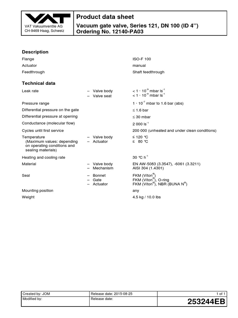 Product Data Sheet: Vacuum Gate Valve, Series 121, DN 100 (ID 4 ...
