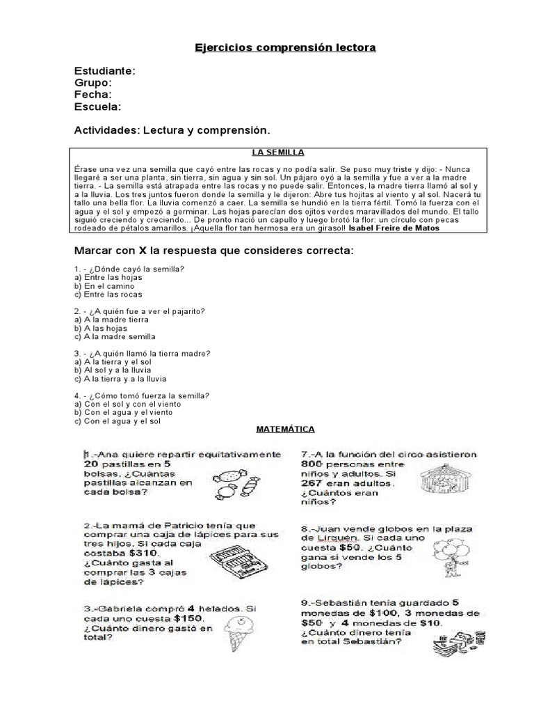 Comprensión lectora a través de un cuento: La semilla | PDF