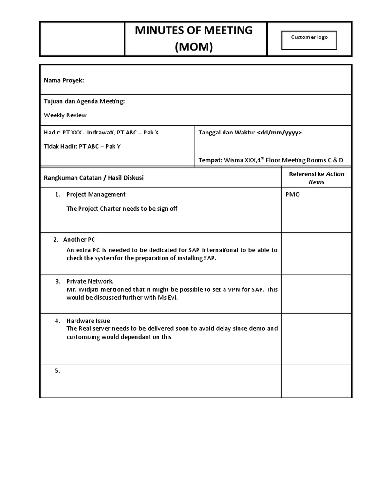 Sample Minutes of Meeting (MoM) | PDF