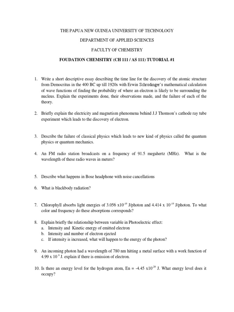 CH 111 Tutorial 1 PDF | PDF | Electron | Photon