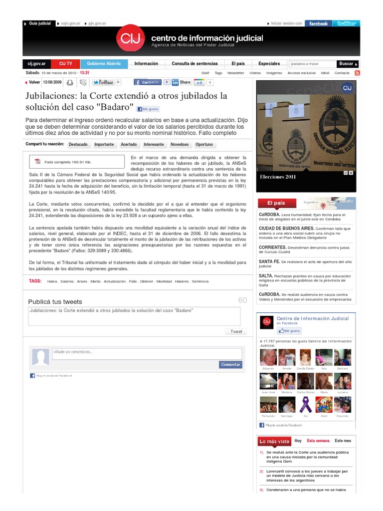 Jubilaciones - La Corte Extendi A Otros Jubilados La Soluci N Del Caso - Badaro | PDF | Gobierno