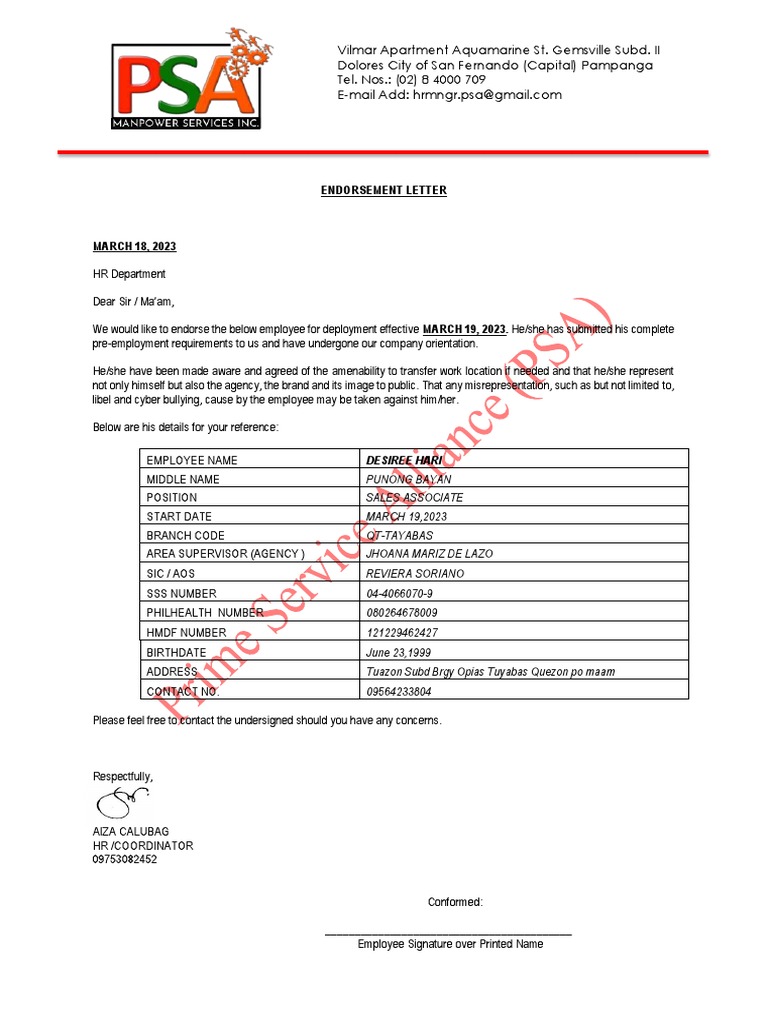 Endorsment Letter Desiree Hari | PDF