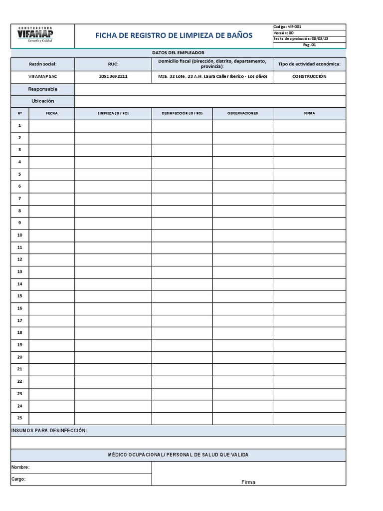 Ficha de registro de limpieza de baños.xlsx | PDF
