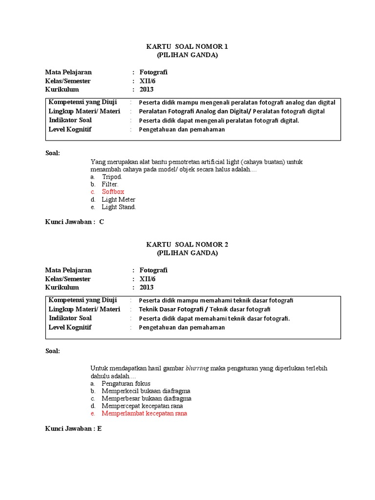 Kartu Soal PG Rev (C3.fotografi) 3 | PDF | Seni
