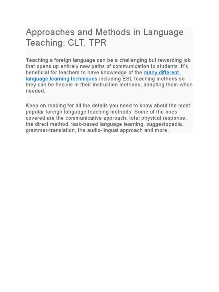 Methods and Approaches of Language Teaching | PDF | Language Education | English As A Second Or ...