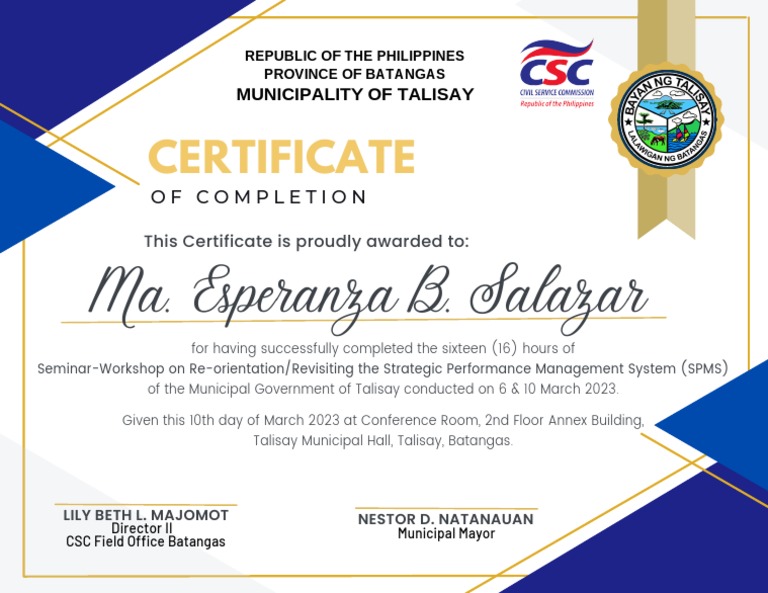 CSC CERT OF COMPLETION (11 × 8.5in) | PDF