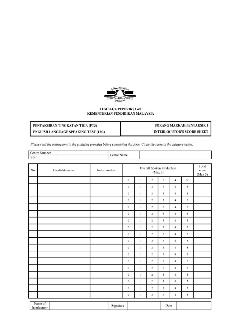 PT3 Speaking Scoresheet | PDF