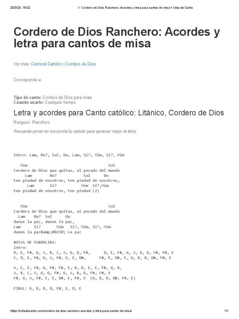 Cordero de Dios Ranchero_ Acordes y letra para cantos de misa ⋆ Vida de ...