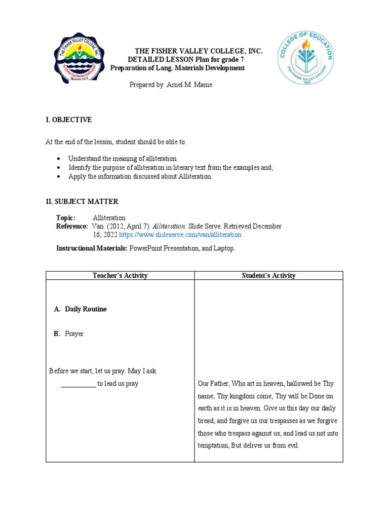 DETAILED LESSON PLAN IN ENGLISH 7 Alliteration | PDF | Lord's Prayer | Linguistics