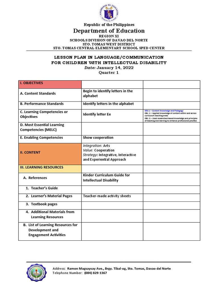 LESSON PLAN For Identifying Letters in The Alphabet-Ee | PDF | Pedagogy ...