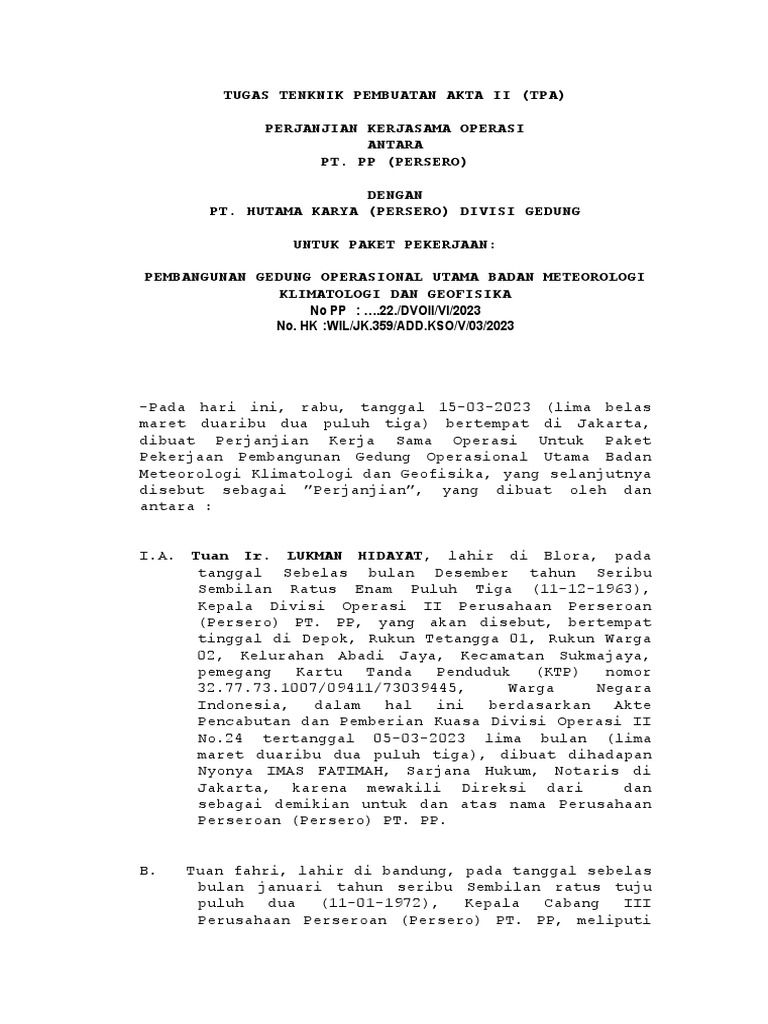 Perjanjian (Kso) Kerjasama Operasi | PDF