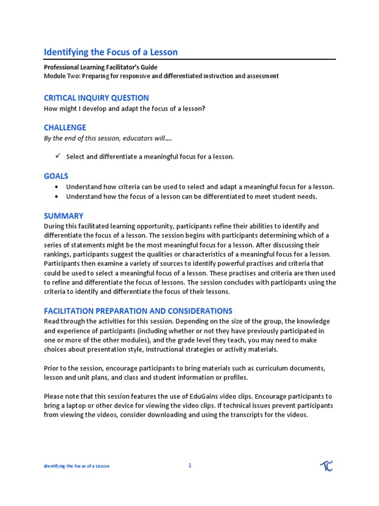 Identifying The Focus of A Lesson | PDF | Differentiated Instruction ...