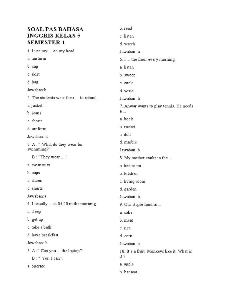 Soal Pas Bahasa Inggris Kelas 5 Semester 1 | PDF