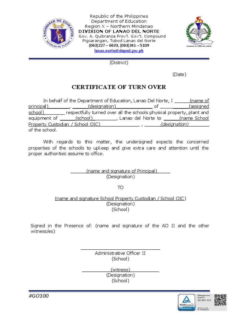 Certificate of Turn Over | PDF