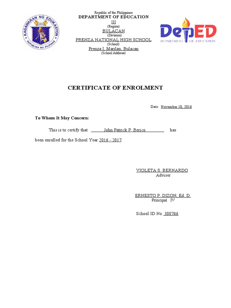 Cert of Enrolment Prenza BASKETBALL | PDF | Government | Public Administration
