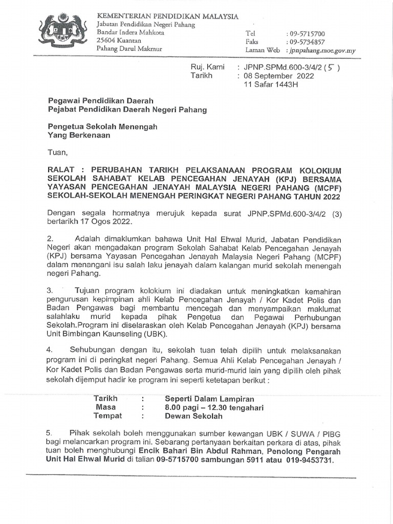 Surat Ralat Perubahan Tarikh Progrm Kolokium-1 | PDF