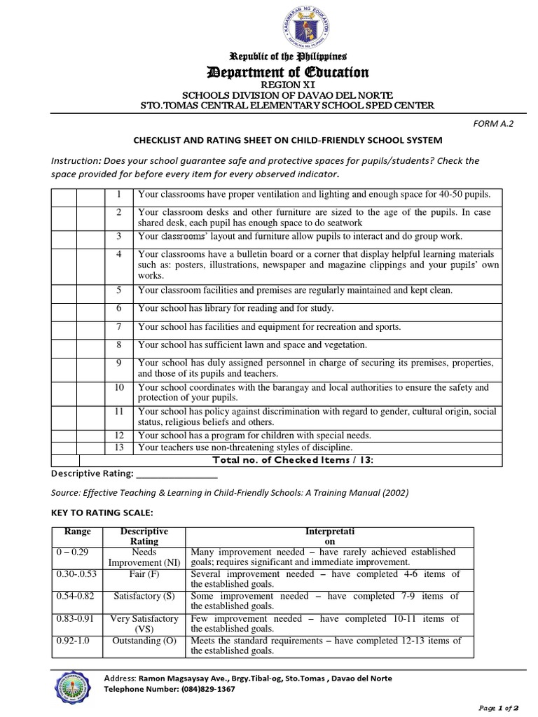Child-Friendly School System Checklist | PDF | Classroom | Teachers