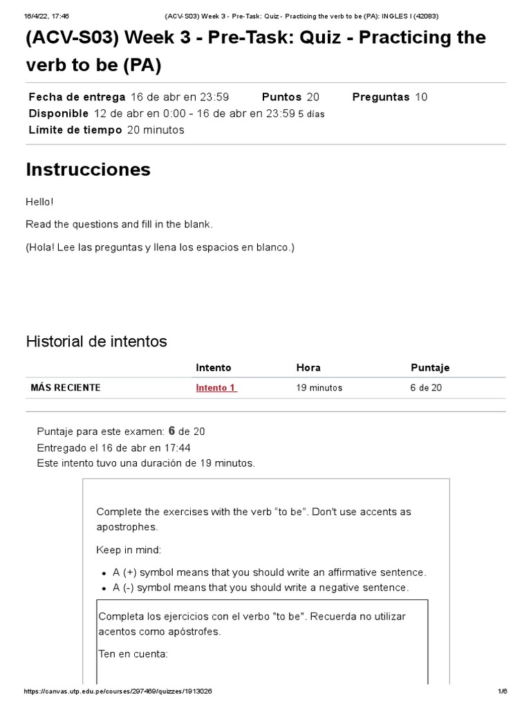(ACV-S03) Week 3 - Pre-Task - Quiz - Practicing The Verb To Be (PA) - INGLES I (42083) PDF | PDF ...