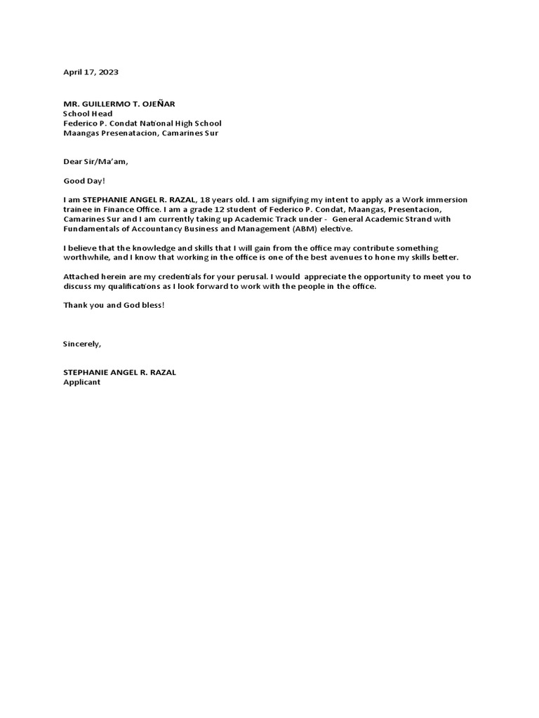 Work Immersion Application Letters | PDF