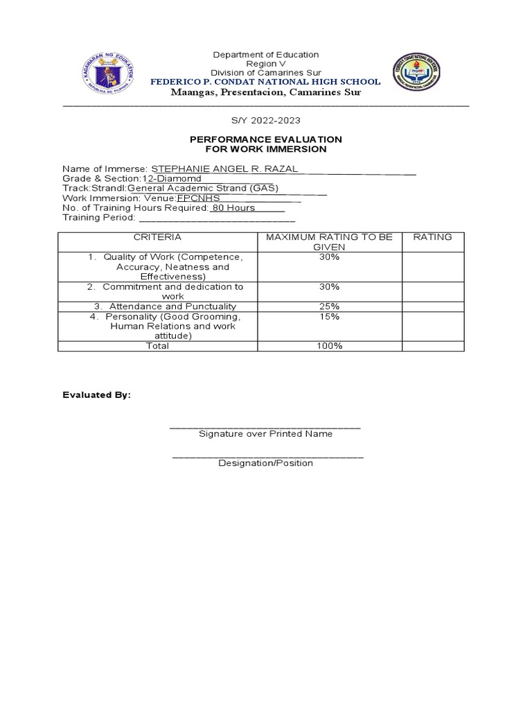 Performance Evaluation For Work Immersion | PDF