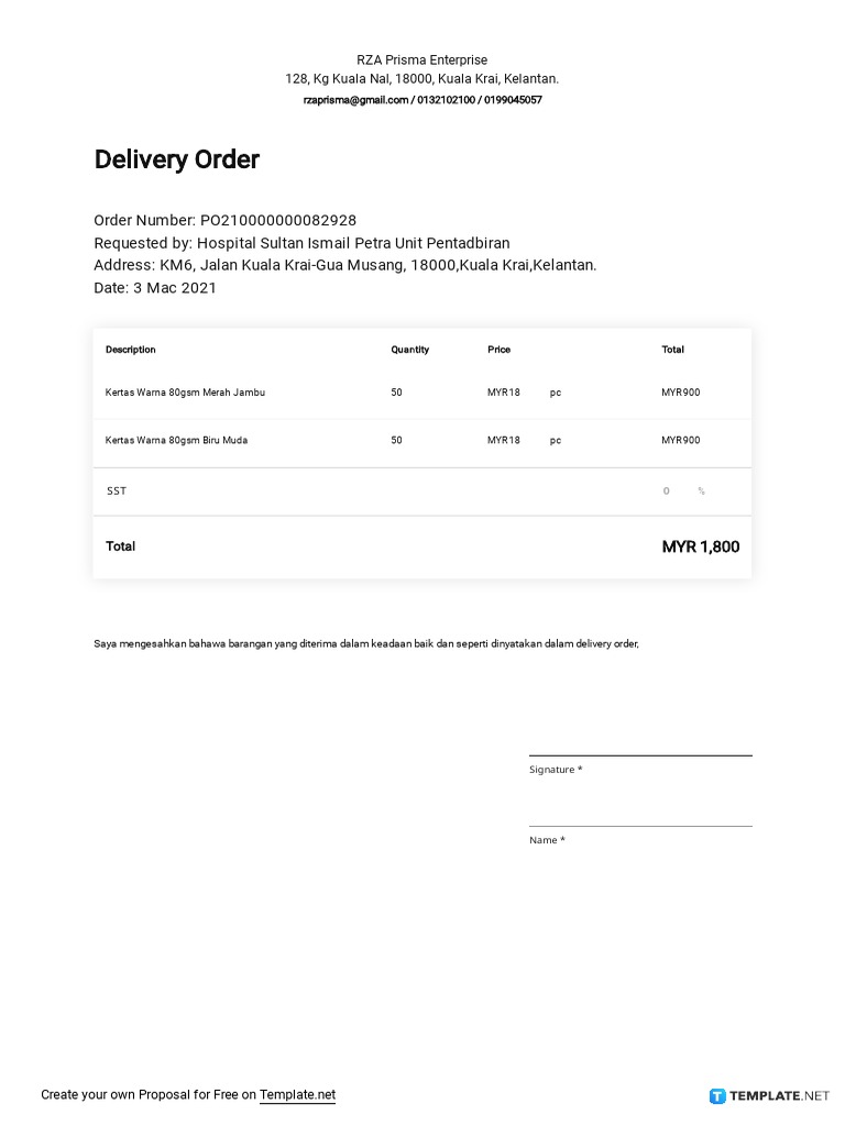 Simple Delivery Order Template | PDF