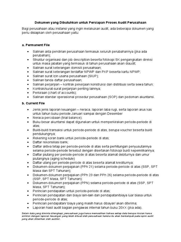Dokumen Yang Dibutuhkan Untuk Persiapan Proses Audit Perusahaan | PDF