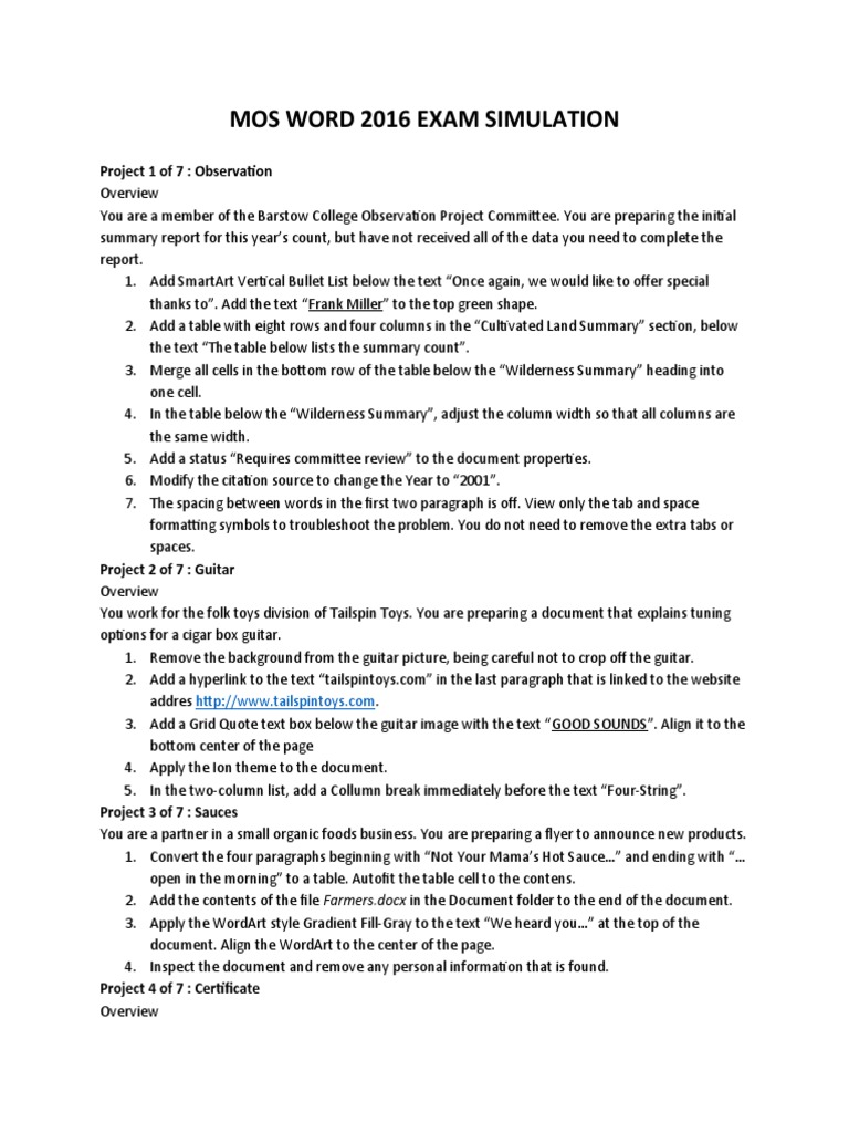 MOS Word 2016 Exam Simulation Guide | PDF | Paragraph | Software