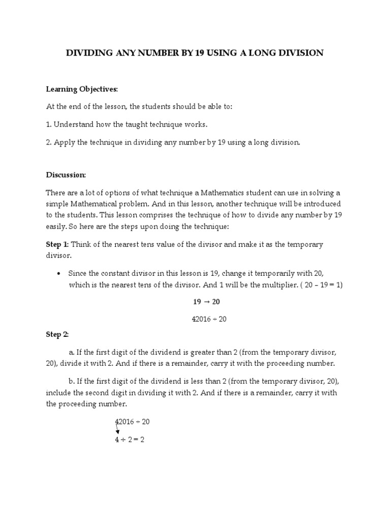 Dividing Any Number by 19 Using A Long Division | PDF | Division (Mathematics) | Abstract Algebra