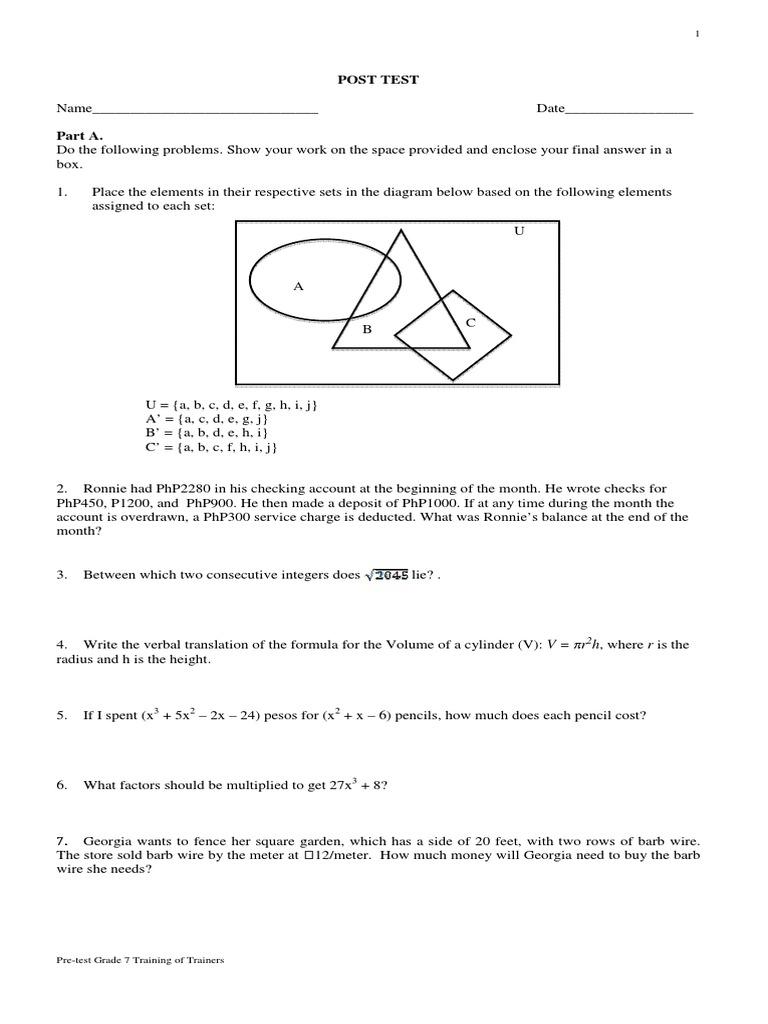 Grade 7 ToT Post-Test | PDF | Mathematics
