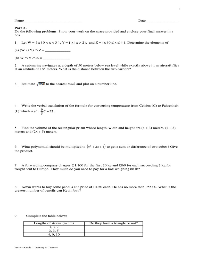 Grade 7 ToT Pre-Test | PDF | Elementary Mathematics | Mathematics