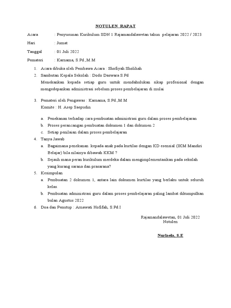 Notulen Rapat Penyusunan Kurikulum | PDF