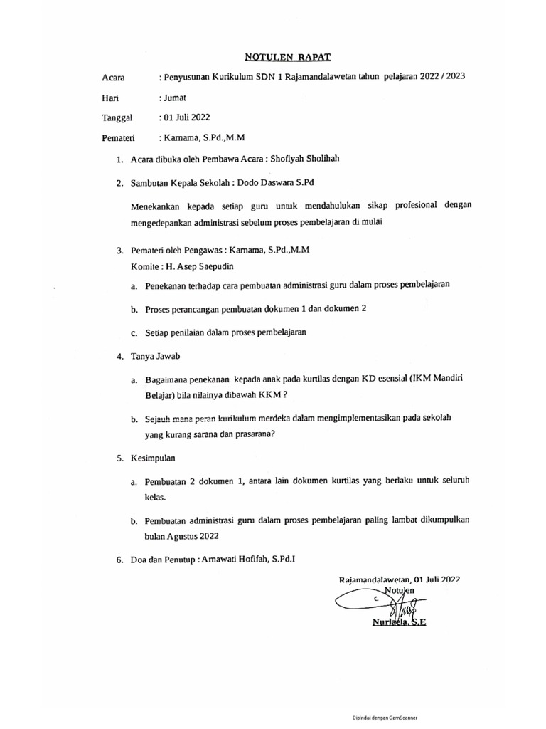 Notula Rapat Penyusunan Kurikulum PDF | PDF