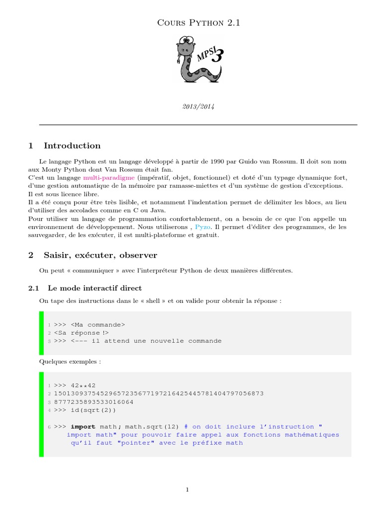Cours Python 21 1 Introduction 2 Saisir Executer Observer Mpsi 3 PDF | PDF | Python (Langage de ...
