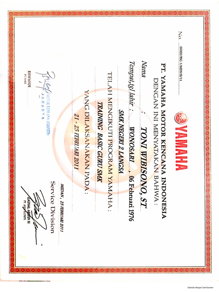 Sertifikat Yamaha 3 | PDF