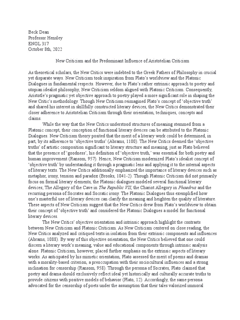 ENGL 317 - New Criticism Paper | PDF | Plato | Aristotle