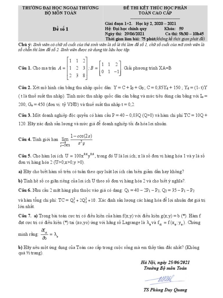 De Thi Cuoi Ky Toan Cao Cap TOA105.10 | PDF