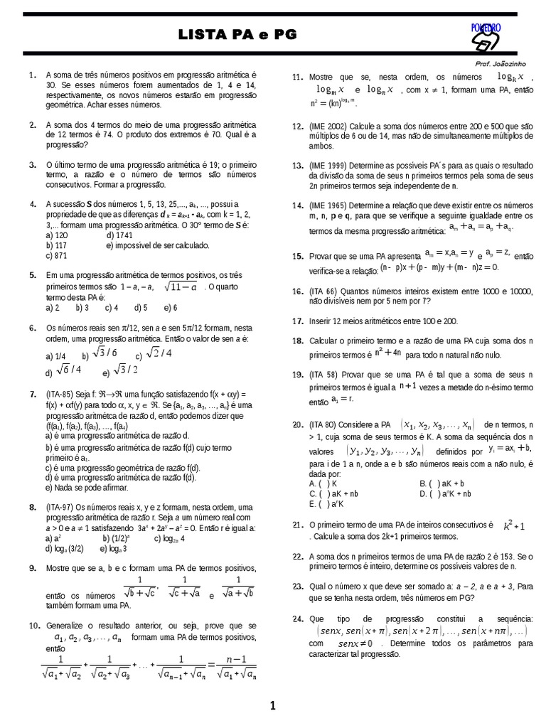 Lista 1 - PA e PG | PDF | Sequência | Números