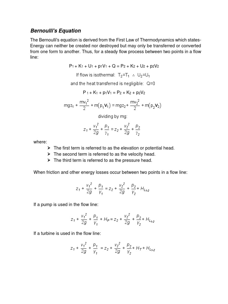 Bernoullis Equation | PDF