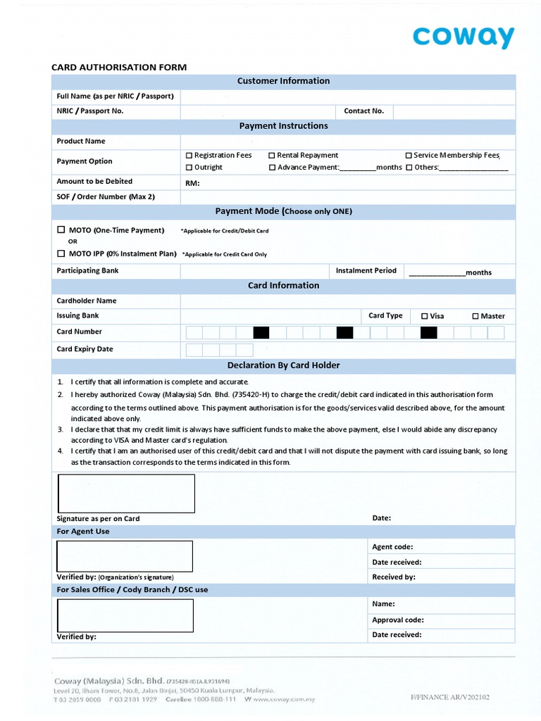 MOTO Card Authorisation Form (F - FINANCE AR - V202102) | PDF | Credit ...