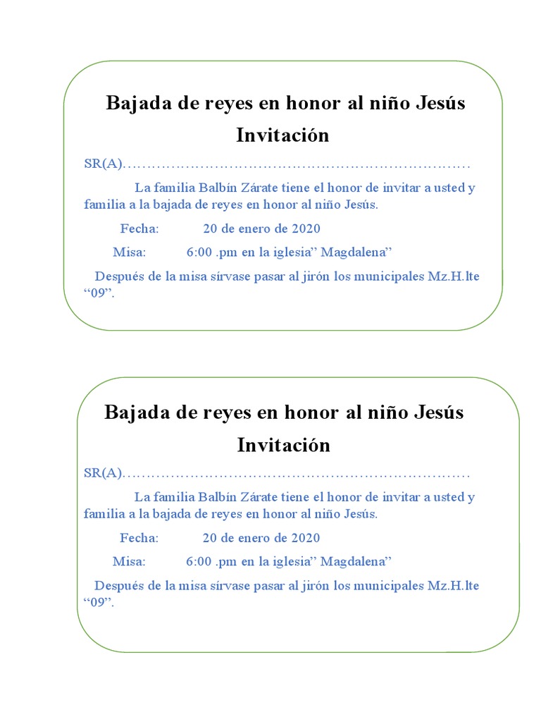 Bajada de Reyes en Honor Al Niño Jesús: Invitación | PDF