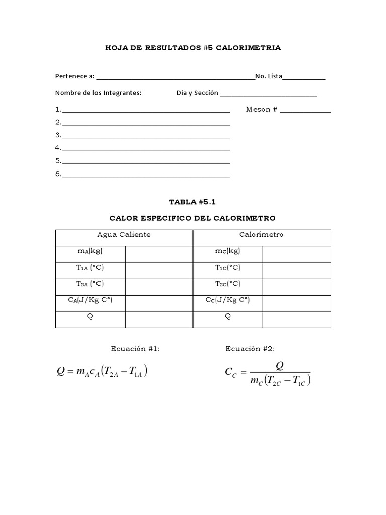 Hoja de Resultados #5 Laboratorio de Fisica Ii | PDF | Calor | Calorimetría