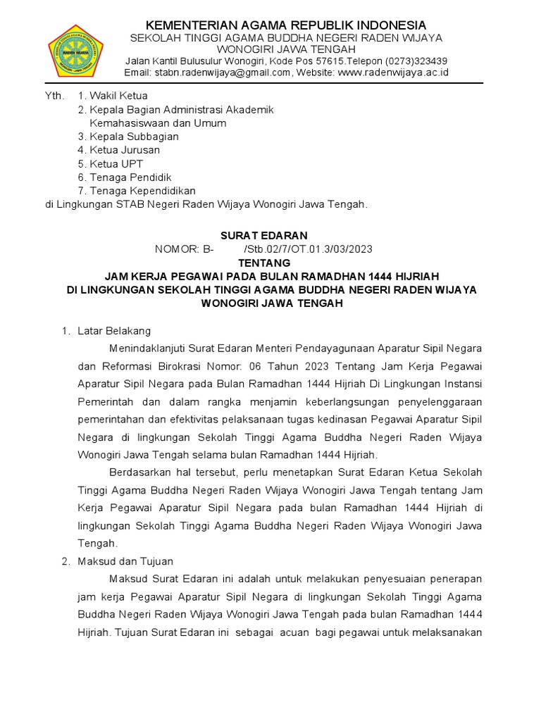 SE Jam Kerja Ramadhan STAB Negeri Raden Wijaya | PDF | Pengelolaan Keuangan & Uang