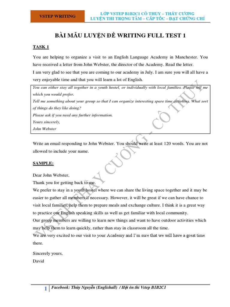 LĐ - Writing Full Test 1 - GV | PDF | Cognition